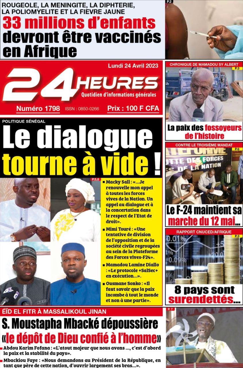 Une des journaux du lundi 24 avril 2023