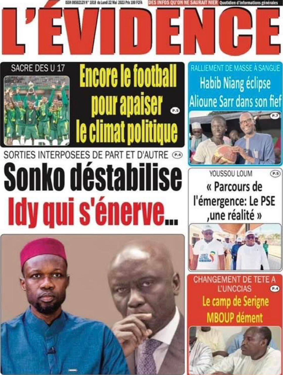 Une des journaux du lundi 22 mai 2023