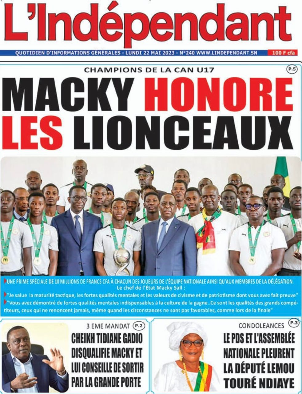 Une des journaux du lundi 22 mai 2023