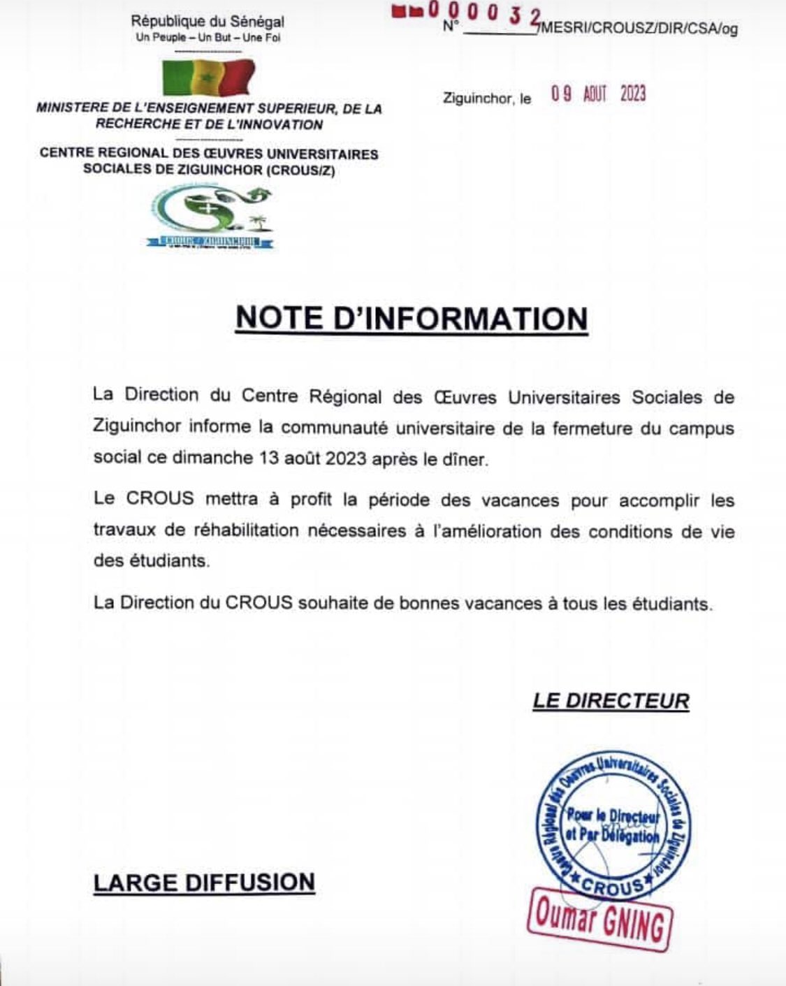 Université Assane Seck de Ziguinchor : Le campus social ferme ses portes