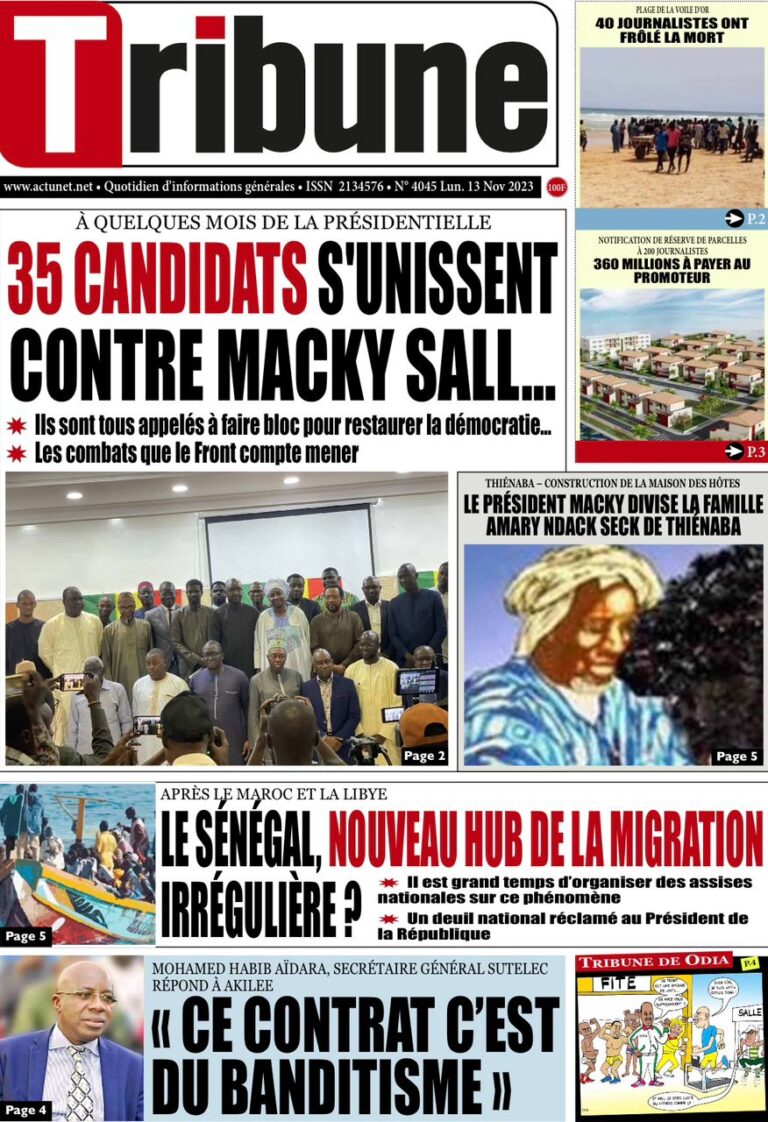 Une des journaux du lundi 13 novembre 2023