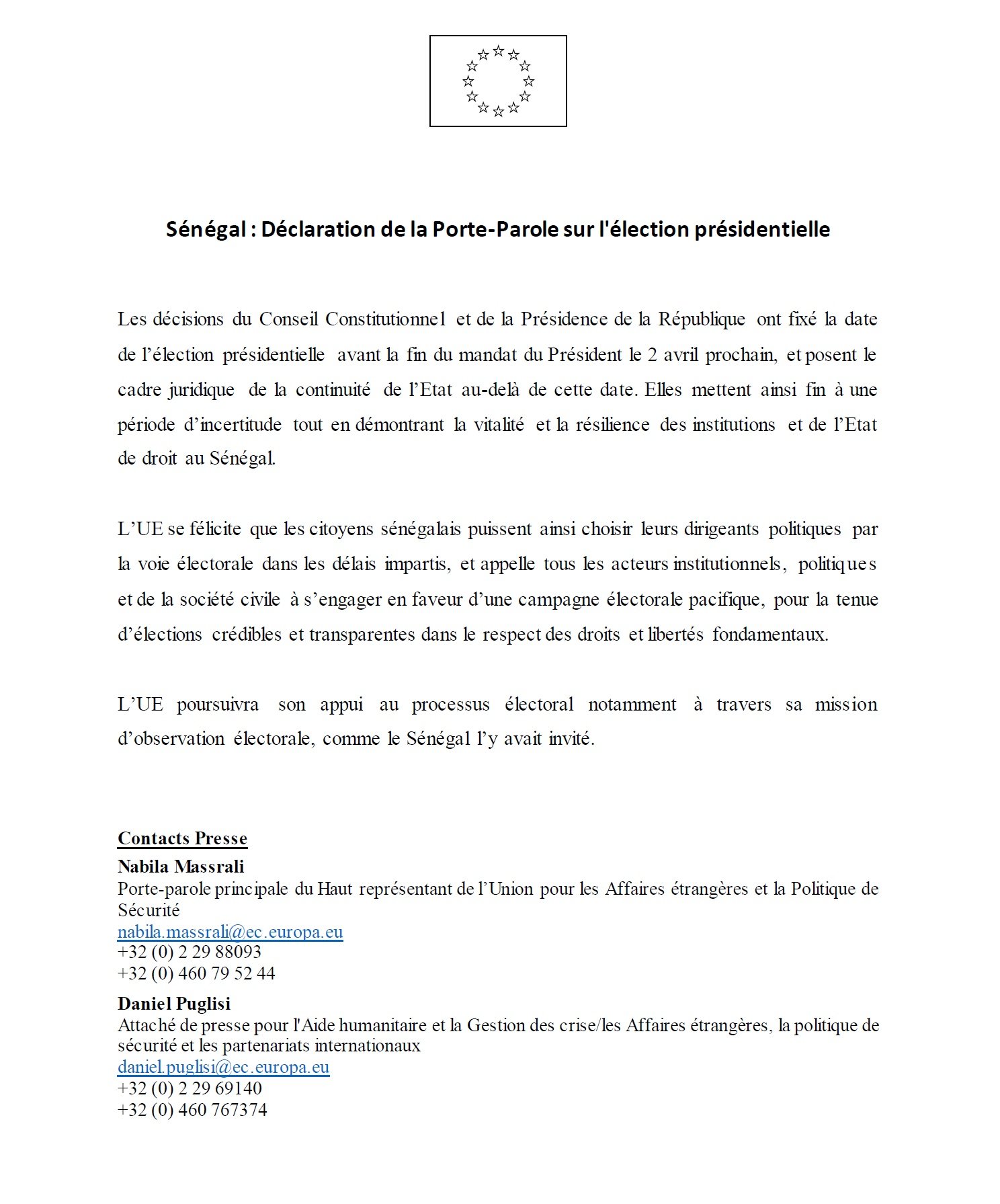 Déclaration officielle de l’Union européenne sur le processus électoral ...