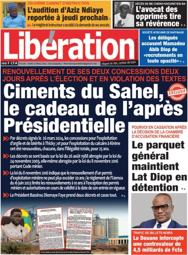 Découvrez les Unes des journaux sénégalais du jeudi 27 mars 2025