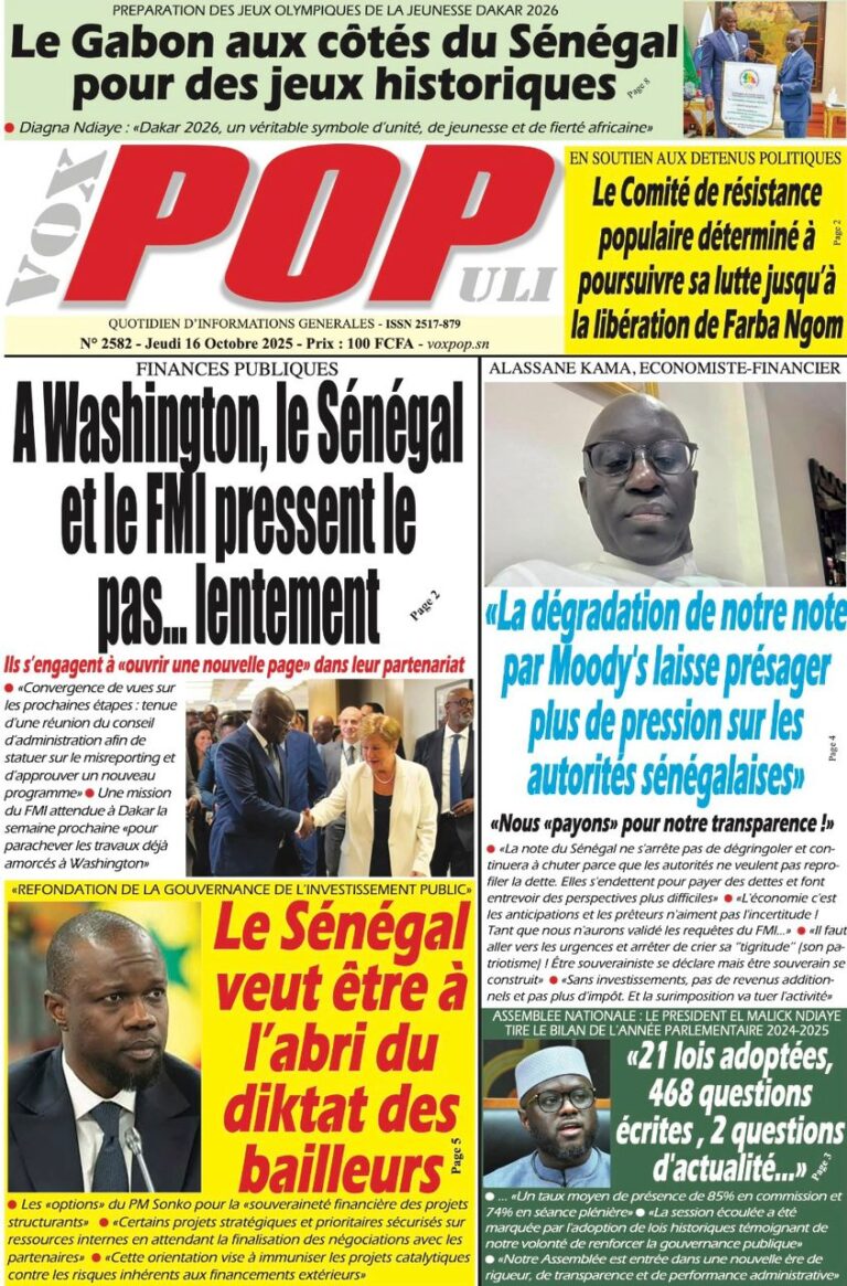 Découvrez les Unes des journaux sénégalais du jeudi 16 octobre 2025