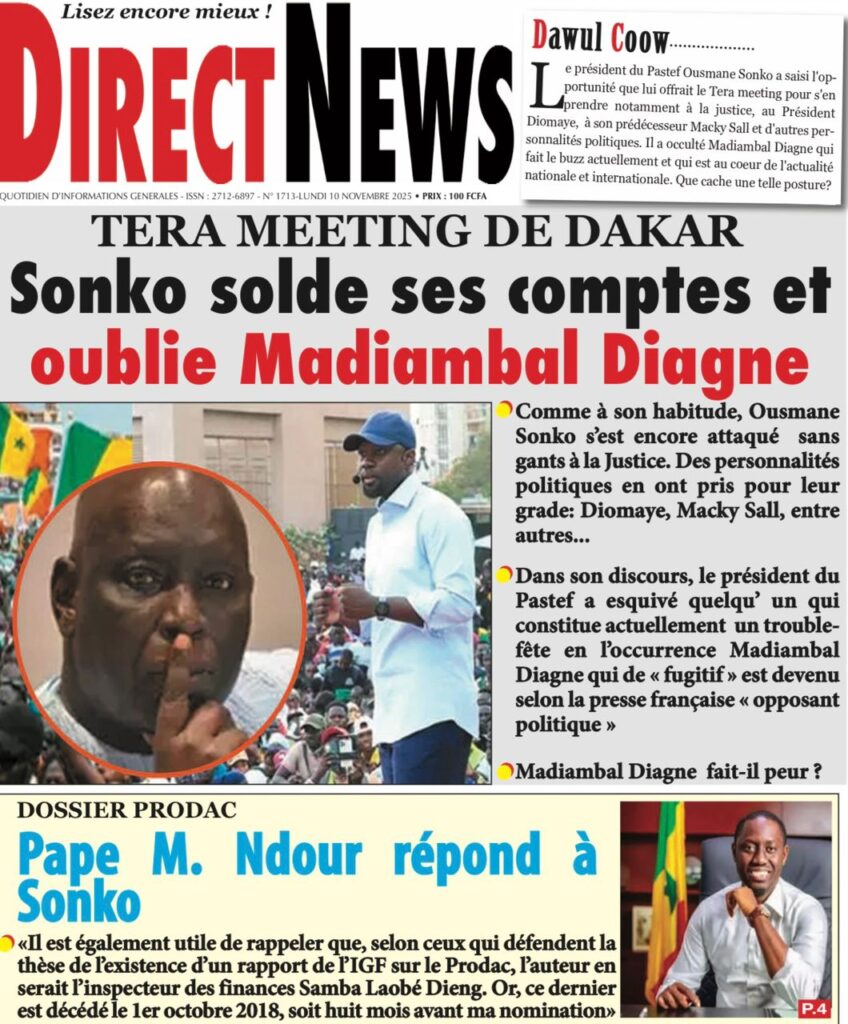 Découvrez les Unes des journaux sénégalais du lundi 10 novembre 2025 ...