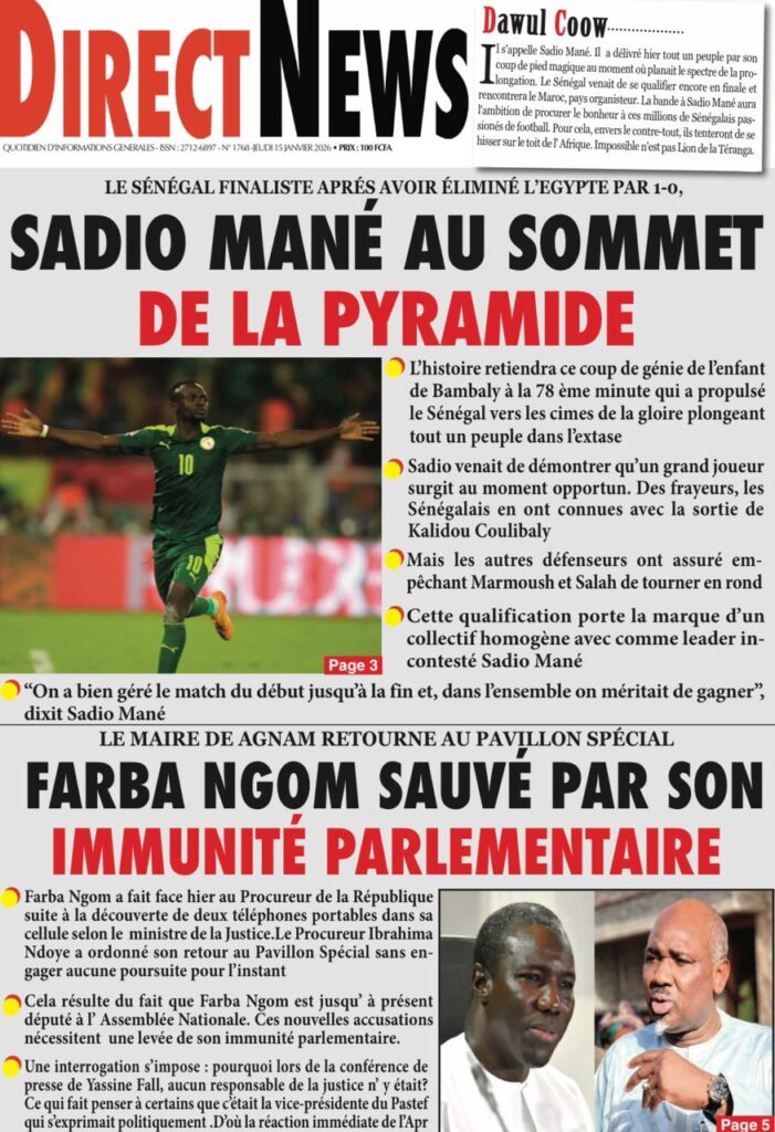 Découvrez les Unes des journaux sénégalais du jeudi 15 janvier 2026