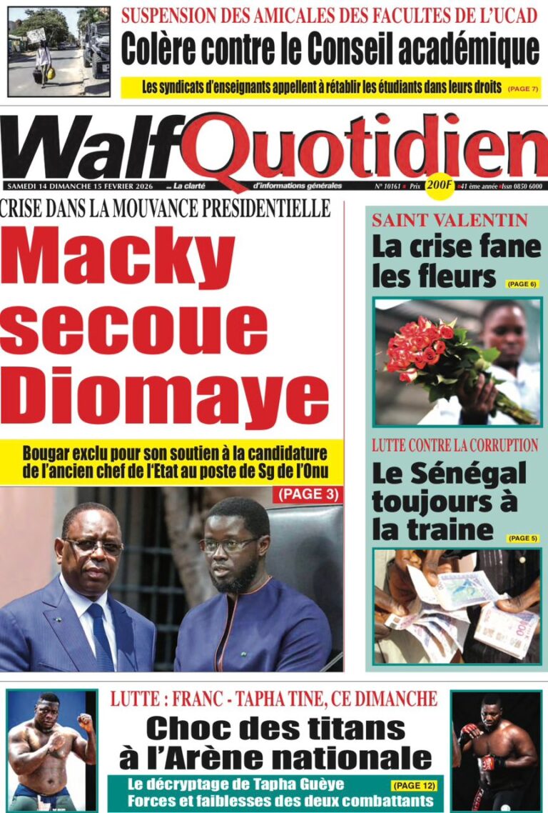 Découvrez les Unes des journaux sénégalais du samedi 14 février 2026