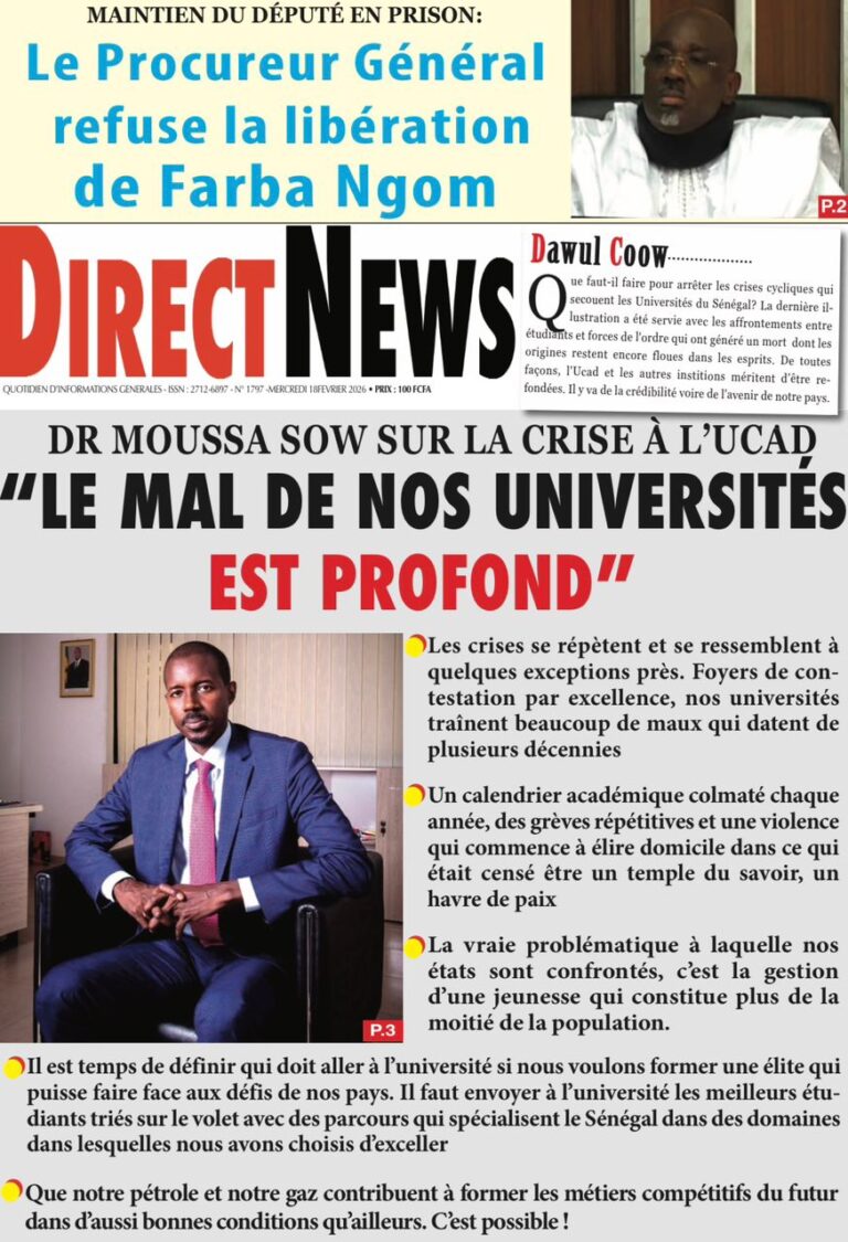 Découvrez les Unes des journaux sénégalais du mercredi 18 février 2026