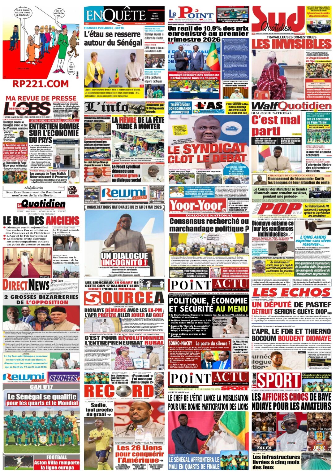 Découvrez les Unes des journaux sénégalais du jeudi 21 mai 2026